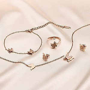 VNOX Butterfly Matte Finish Rose Gold Plated Stainless Steel Bracelet Ring Necklace and Stud Earrings Jewelry Set for Women Teen Girls