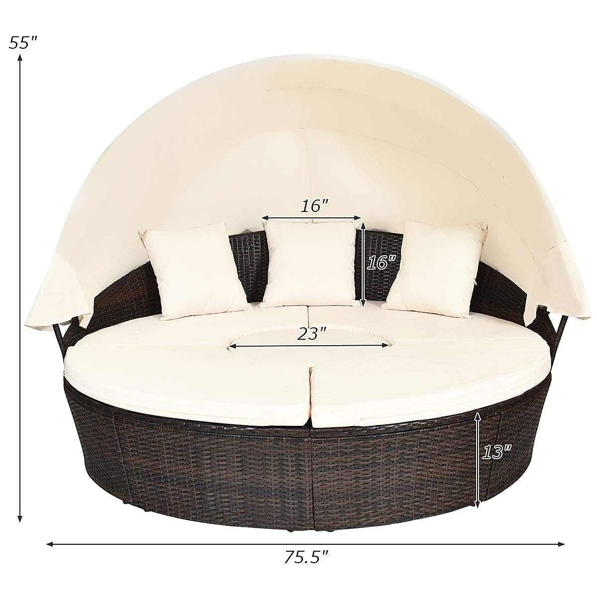 HAPPYGRILL Patio Round Daybed with Retractable Canopy & Coffee Table, Outdoor Wicker Rattan Sectional Sofa with Cushions, Patio Conversation Set for Lawn Garden Backyard Poolside