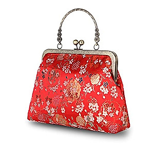 Abuyall Floral Satchel Purse Crossbody Tote Bags Kiss Lock Handbag Flower Vintage Shoulder Bag for Women Red-flower