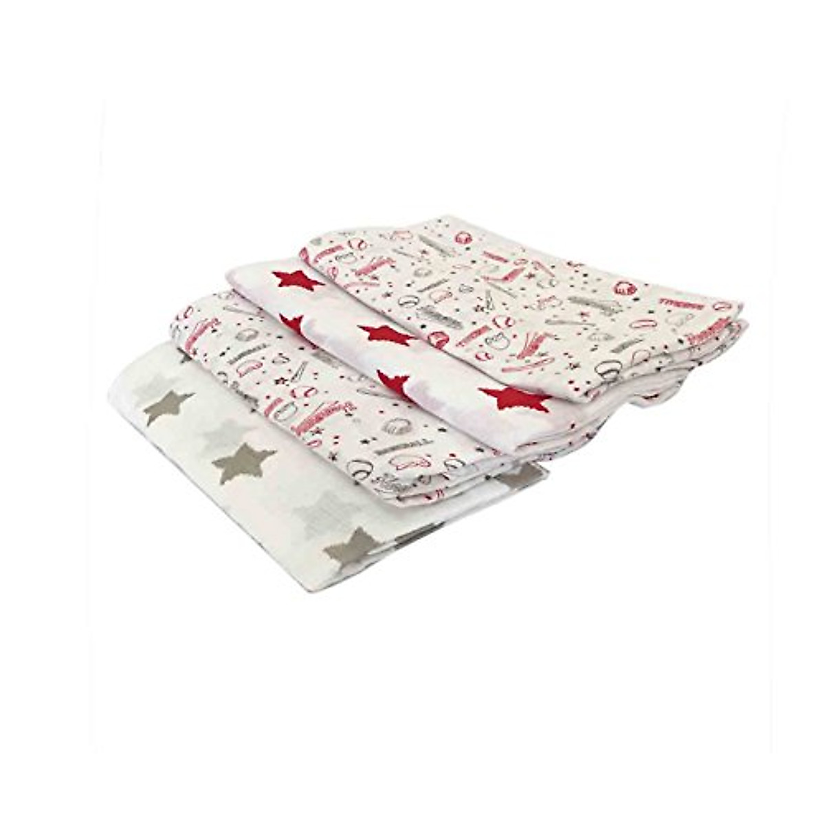 Bacati - 4 Pack Sports Baby Swaddle Blankets Boys Swaddle Wrap Soft Breathable Cotton Muslin Swaddle Blankets Receiving Blanket for Boys, Large 45 x 45 inches (Baseball Red/Grey)