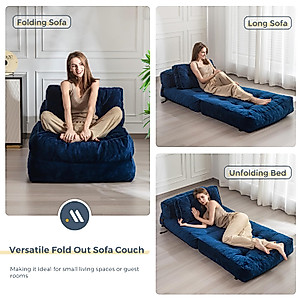 MAXYOYO Folding Sofa Bed, Velvet Convertible Sleeper Chair with Pillow Portable Fold Out Chair Bed, Multifunctional Tufted Floor Sofa Lounge for Living Room Guest Room, Navy
