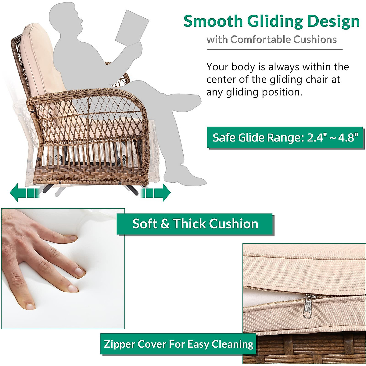 VIVIJASON 2-Piece Outdoor Wicker Glider Rocking Chair, Patio Rattan Swing Glider Chairs with Cushions & Steel Frame, All-Weather Gliding Lawn Wicker Furniture for Garden Backyard Porch