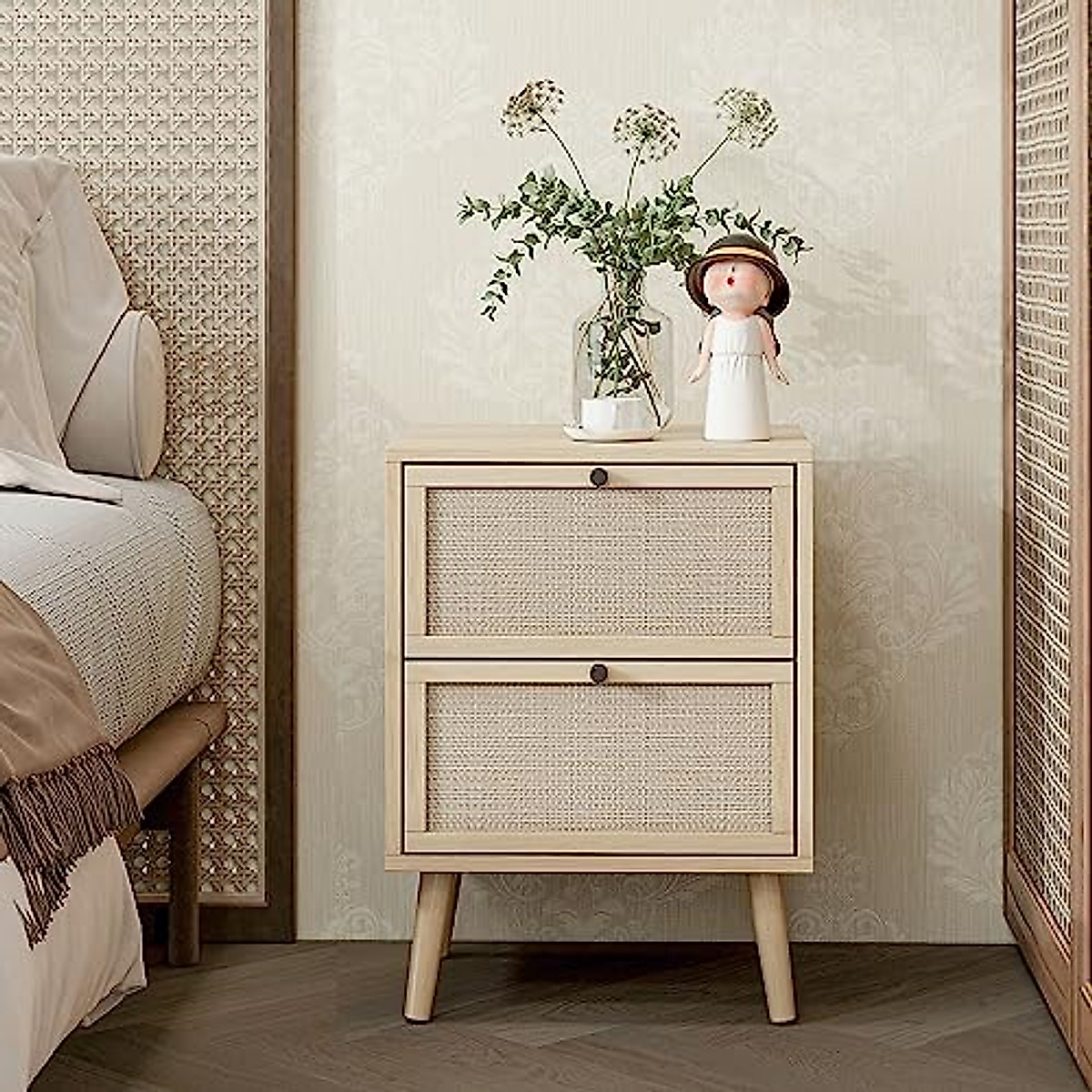 Rattan Nightstand Set of 2, End Table rattan bedside table Side Table with 2 Hand Made Rattan Decorated Drawers Wood Accent Table with Storage 2-Drawer for Bedroom, Living Room, Natural 2 Pack