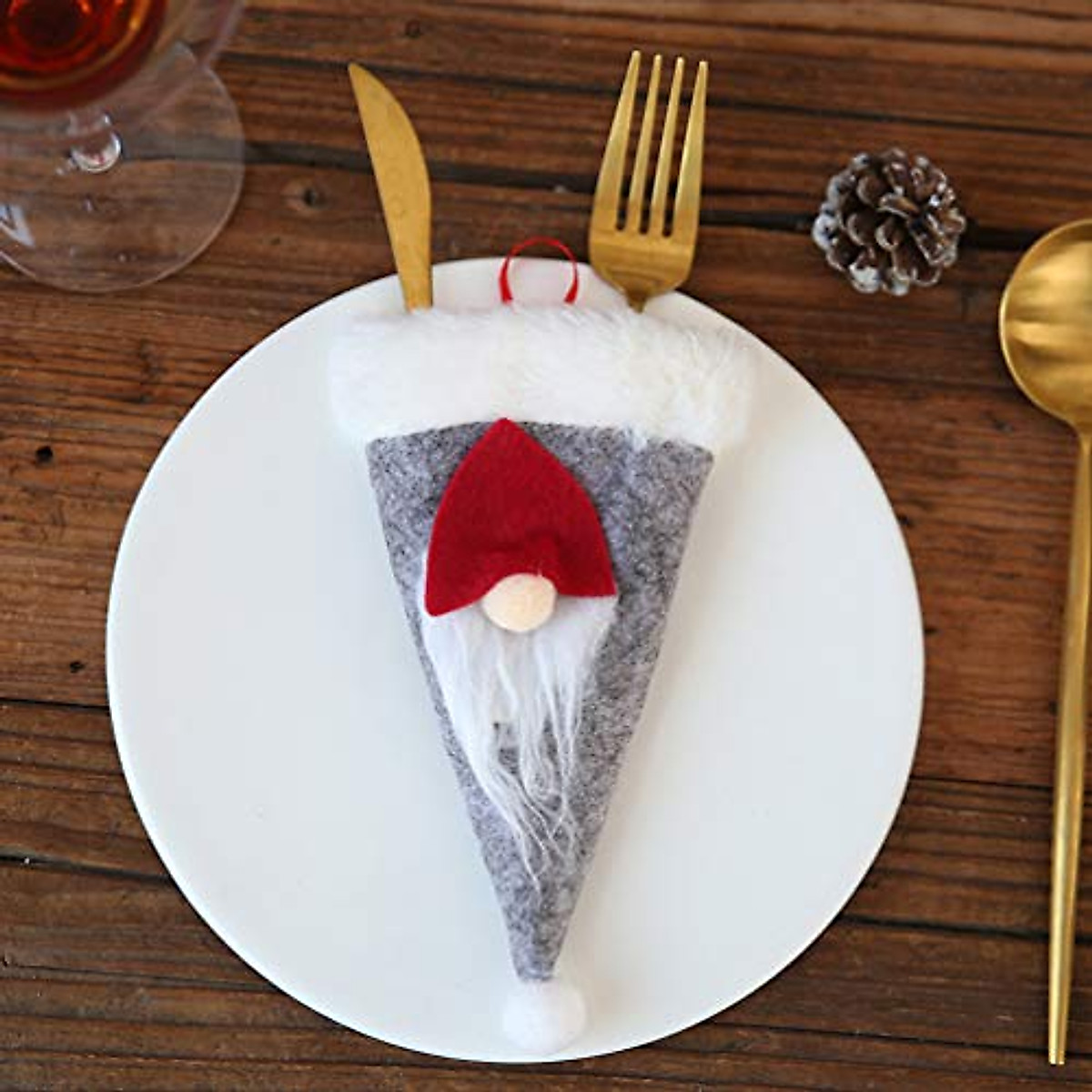 Hemoton 6Pcs Christmas Silverware Holders Pocket Santa Hat Gnome Elf Cutlery Knives Forks Tableware Storage Bag Covers for Xmas Holiday Table Decoration Red Grey