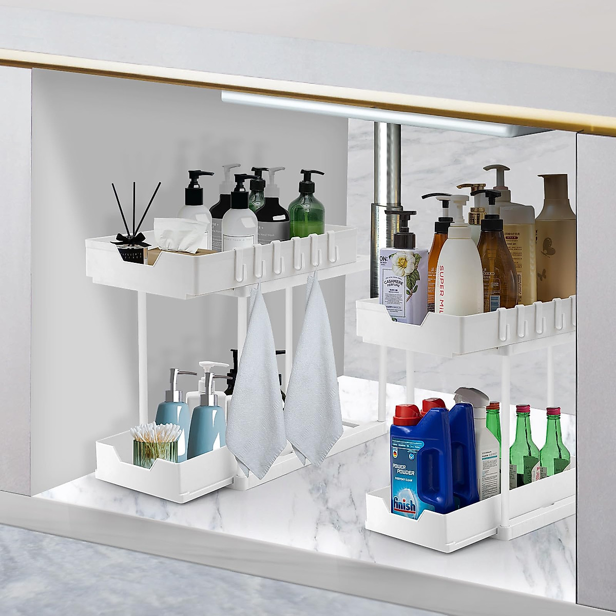 2-Tier Under Sink Organizer Storage, Double Sliding Under Cabinet Basket Organizer with 2 Pull Out Drawers & 4 Hooks, Multi-Purpose Under Shelf Organizer for Bathroom Kitchen (White, 2 Pack)