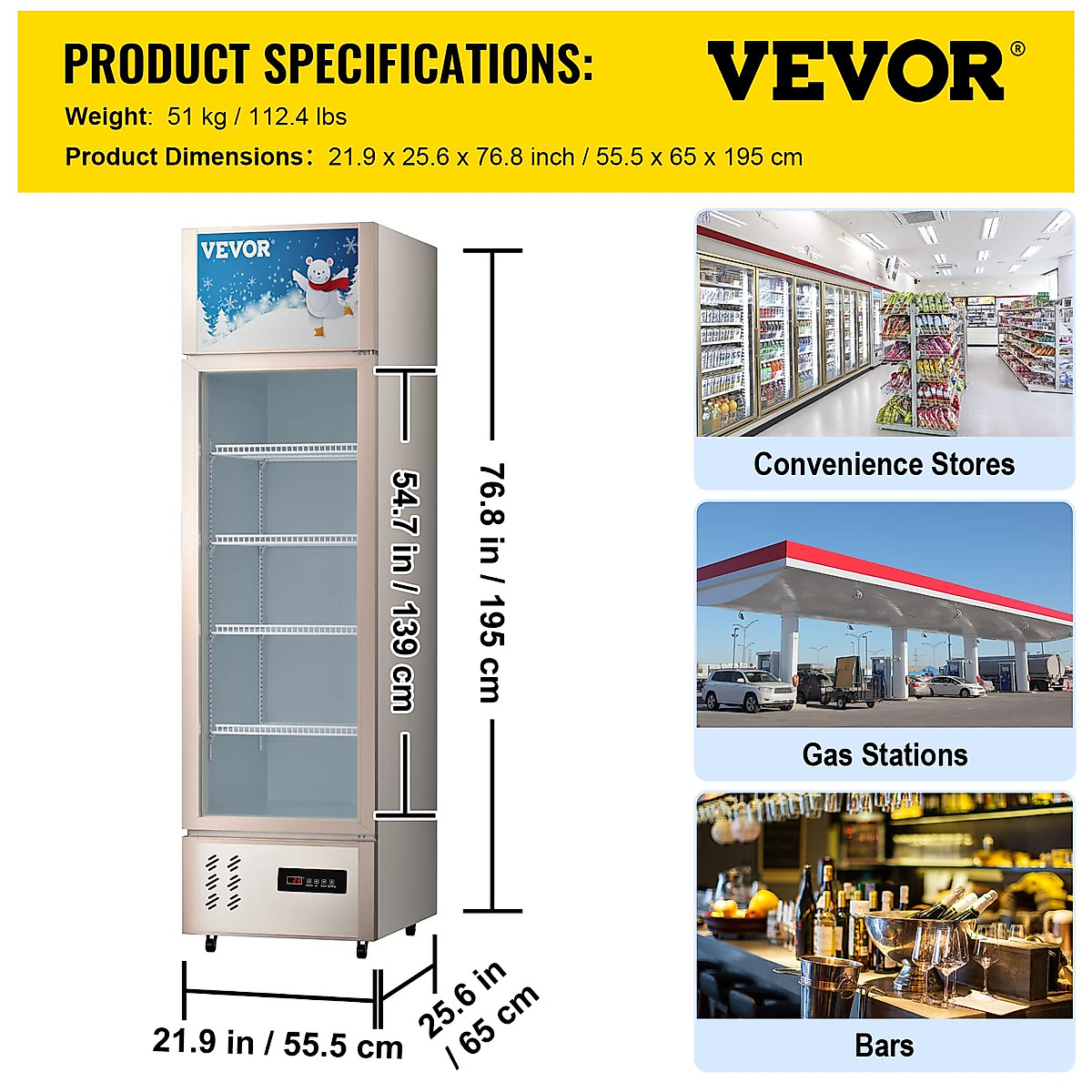 VEVOR Commercial Refrigerator,Display Fridge Upright Beverage Cooler, Glass Door with LED Light for Home, Store, Gym or Office, (11 cu.ft. Single Swing Door)