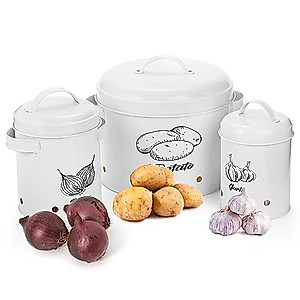 Frcctre Set of 3 Potato and Onion Storage Canisters, Potato, Onion, Garlic Kitchen Storage Bin With Lids, Metal Vegetable Keeper Storage Bins Set with Aerating Holes for Pantry Organization