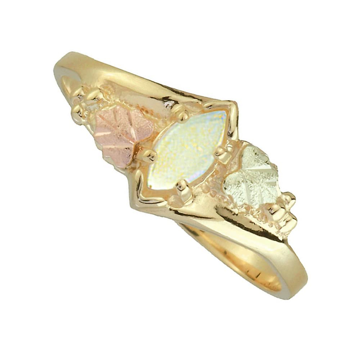 Opal Cabochon Marquise Ring, 10k Yellow Gold, 12k Green and Rose Black Hills Gold Size 8