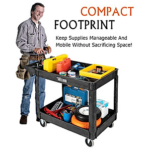 TUFFIOM Plastic Service Utility Cart with Wheels, 550lbs Capacity Heavy Duty Tub Storage Cart W/Deep Shelves, Multipurpose Rolling Extra Large 2-Tier Mobile Storage, for Warehouse Garage Industrial