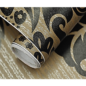 JZ·HOME H9148 Damask Peel and Stick Wallpaper 17.7" x 9.8ft Black/Brown Removable Contact Paper Self-Adhesive Damask Furniture Stickers Drawer Vinyl Decorative Film