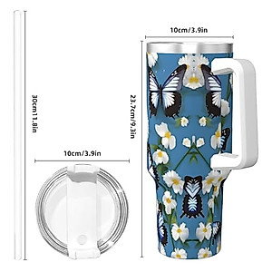 HULIBIN Blue Butterflies White Flowers Print Double Deck Stainless Steel Travel Coffee Cup With Lid 40 Oz Ice Bully Cup