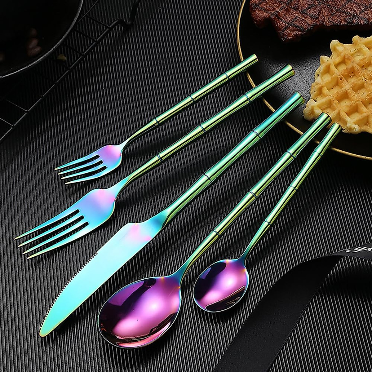 30 Piece Bamboo Shaped Flatware Set Service for 6, 18/10 Stainless Steel Rainbow Bamboo Handle Silverware Cutlery Set For Home Kitchen Hotel Utensils, Mirror Polished, Dishwasher Safe