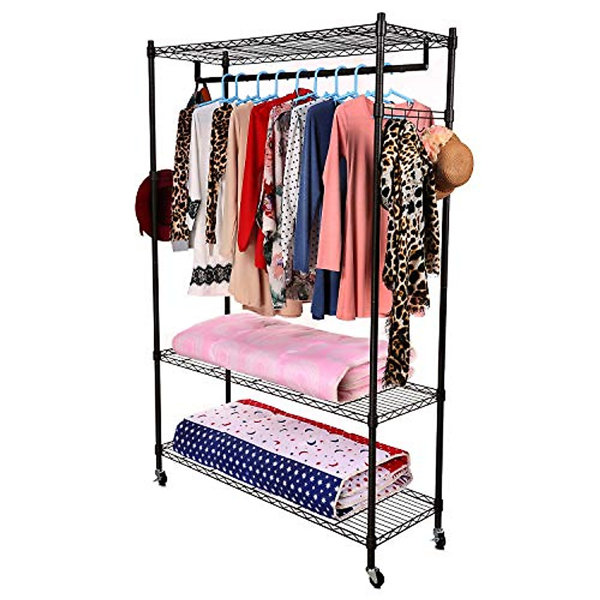 Oliote Rod Garment Rack 3 Tier Metal Wire Shelving Hang Large Rolling Movable Clothes Drying Rack with Lockable Wheels and Pair Side Hooks