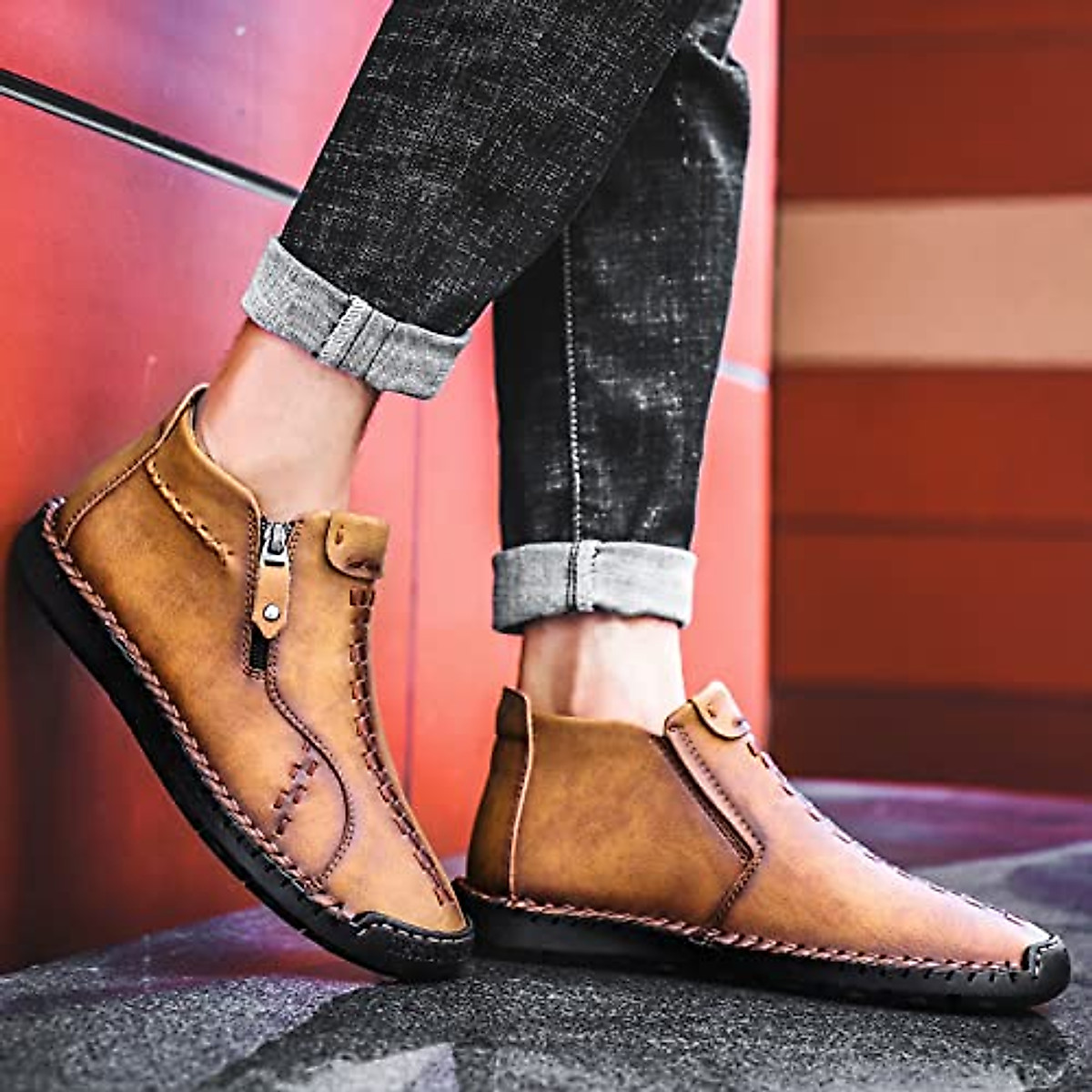 Govicta Mens Casual Shoes Leather Slip On Loafers Oxford Leather Chukka Boot for Men Work Office Dress Shoes Brown Size8.5