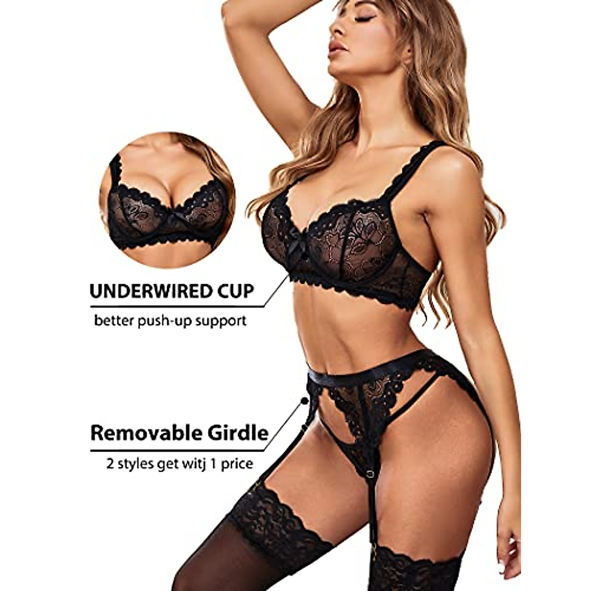 Avidlove Lingerie Garter Set for Women Lace Lingerie Set Strap Babydoll Bodysuit with Garter Belts Black