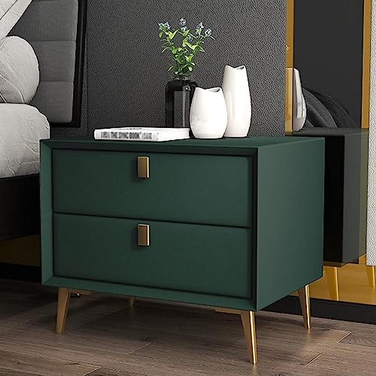 Nightstand with 2 Drawers, Solid Wood Nightstand Sofa Side Table, End Side Table with Storage, Bedside Table with Metal Legs (Color : Green, Size : 45x40x47cm)