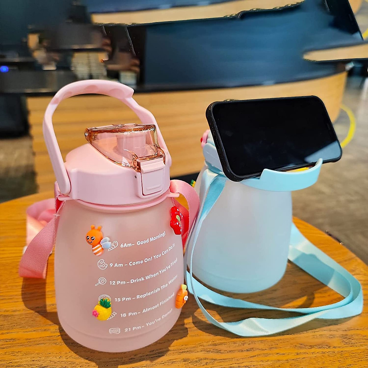 MsAilcplis Girls Kawaii Water Bottle with Straw for School Large Capacity, Portable BPA Free Sports Drinking Frosted Bottle with With scale & Cute 3D Stickers for Outdoor Camping (Pink)