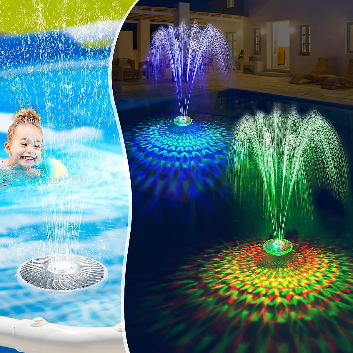 Uniwater Solar Pool Fountain with Light Show, 2024 Upgraded Large Solar Pool Water Fountain, 2 Spray Modes Floating Pool Fountain for Above Ground Pool,Solar Floating Fountain Pump for Pool Pond-1pk