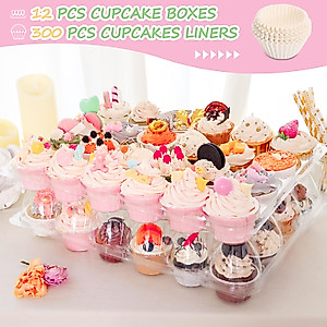 Moretoes (12 Pack x 24 Sets Cupcake Containers, Cupcake Boxes with 300 Cupcake Liners, 24 Compartment Cupcake Carrier Holders, Plastic Cupcake Containers with Detachable Lid