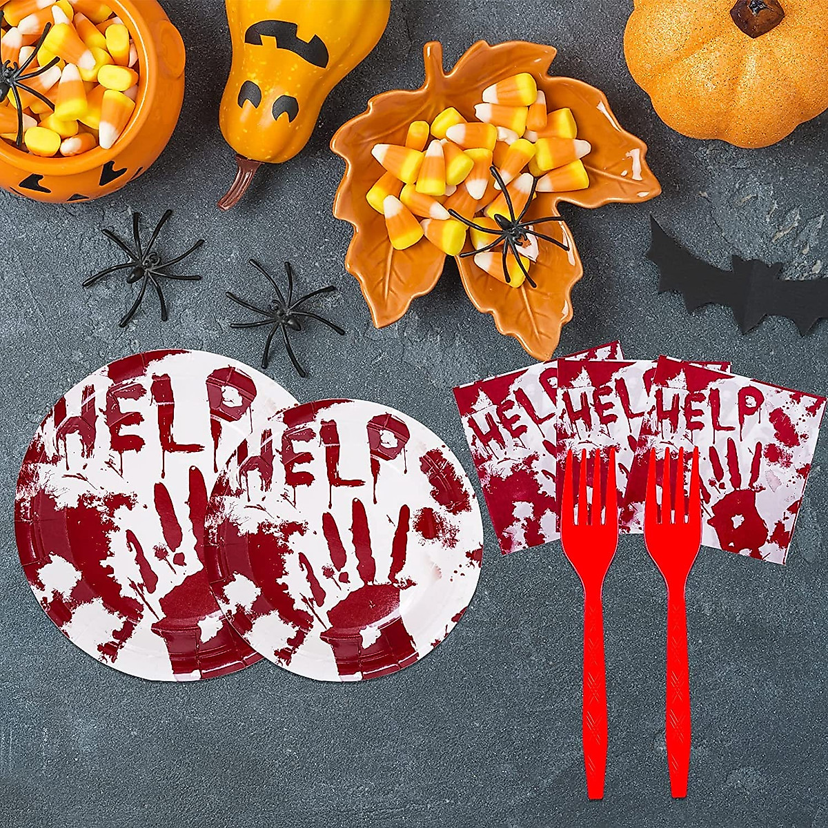 Bloody Good Time Party Tableware Set Halloween Zombie Skull Bloody Party Table Decorations Halloween Party Supplies Table Decorations Paper Plates Napkins Forks for 24 Guests(96 Pcs )