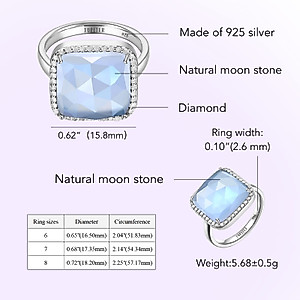 Jupiter 925 Sterling Silver Natural Moonstone Ring with Diamond Square Gemstone Ring Jewelry Gifts for Women (13x13mm Moonstone, Ring Size 6)
