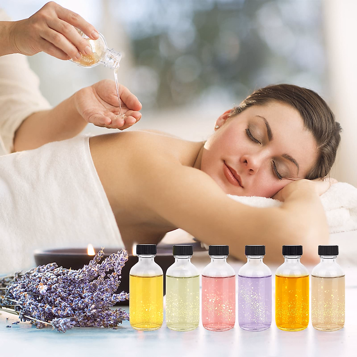 Rionisor 2OZ Small Glass Bottles with Lids and Funnels, 60ml Boston Round Glass Bottles, Perfect for Diy Essential Oils, Perfumes, Whiskey and Juices, 12 Pack Clear