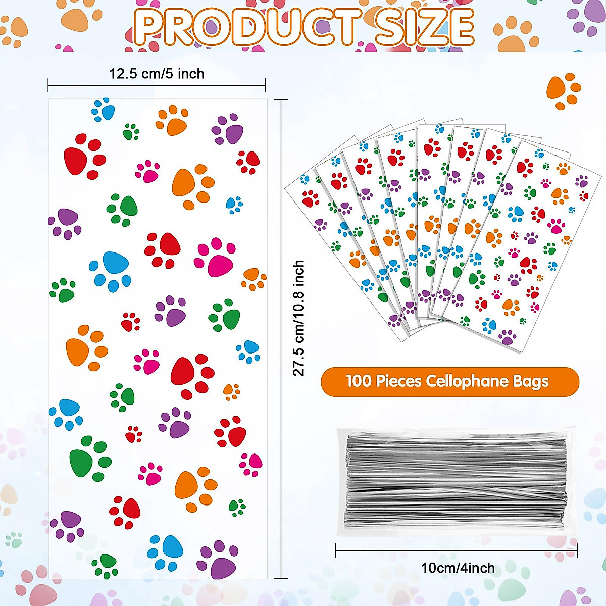 Blulu 100 Pieces Pet Paw Print Cone Cellophane Bags Heat Sealable Candy Bags Dog Paw Gift Bags Cat Treat Bags with 100 Pieces Silver Twist Ties for Pet Treat Party Favor (Colorful)