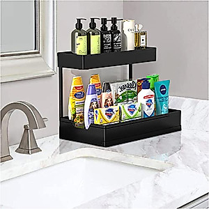 Karlsitek Under Sink Organizer,2-Tier Bathroom Organizer,L-Shape One Sliding Under Cabinet Storage Organizer with 1 Hanging Cup and 4 Hooks,Under Sink Organizers and Storage for Kitchen Bathroom