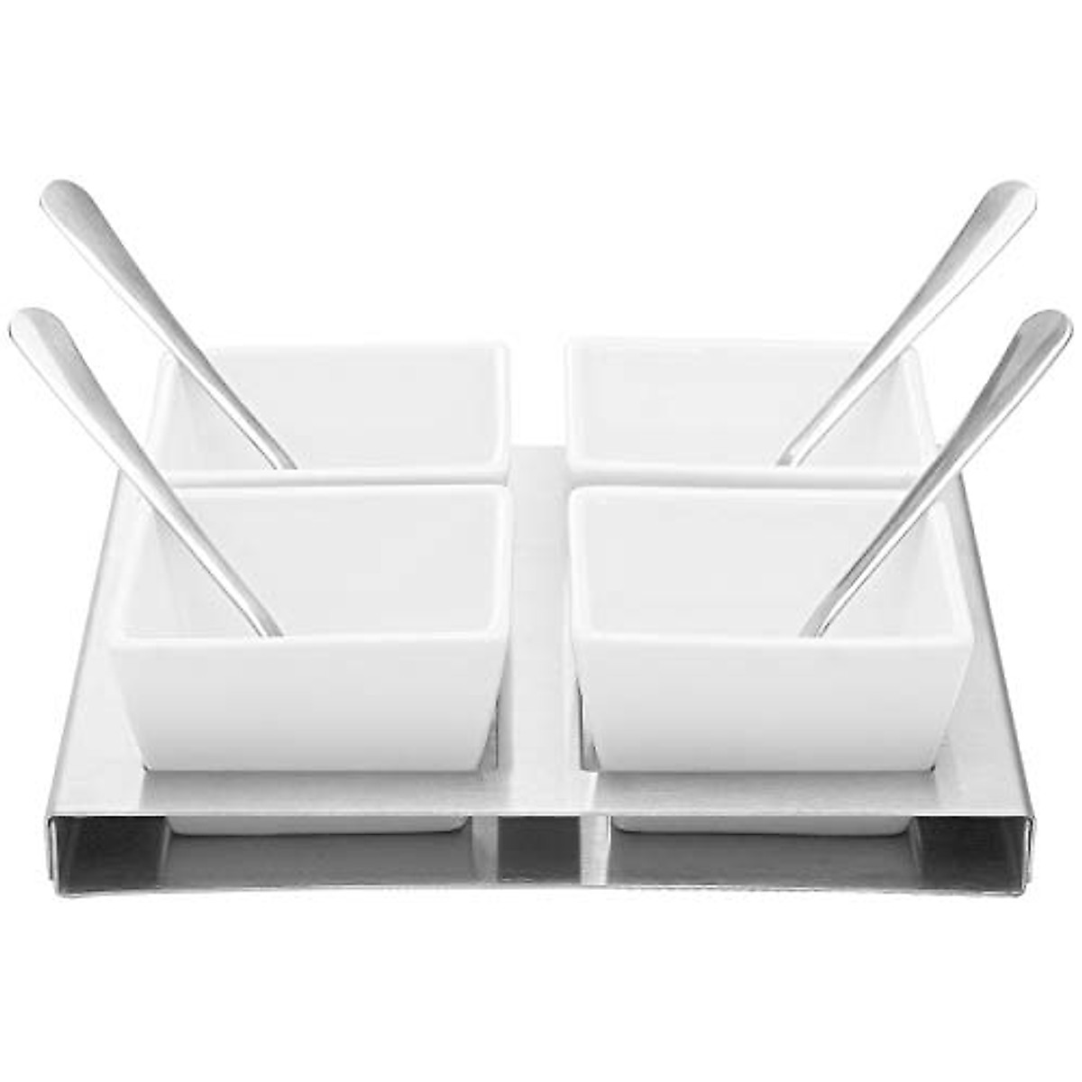 White Ceramic Appetizer Condiment Relish Serving Bowl Set of 4 With Spoons & Stainless Steel Tray (Modern Square)