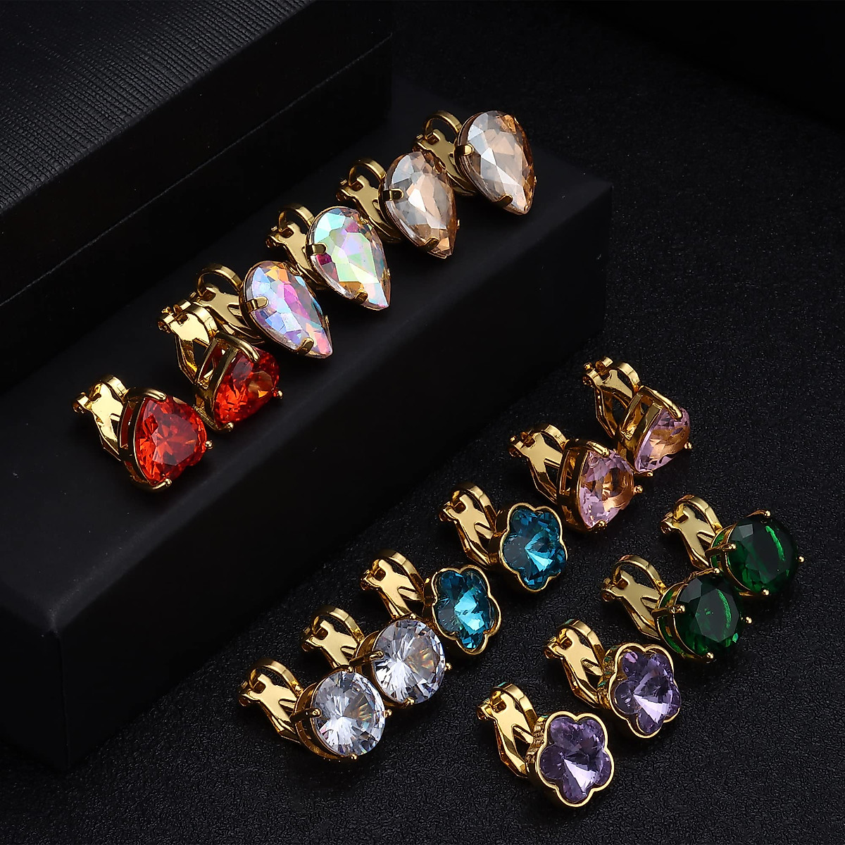HAIAISO 8 Pairs Clip On Earrings Set for Women Non Pierced Clip On Earrings for CZ Heart Butterfly Flower Earrings Hypoallergenic Non-Piercing Fake Earrings Vibrant Color Birthstone Clip on Earrings
