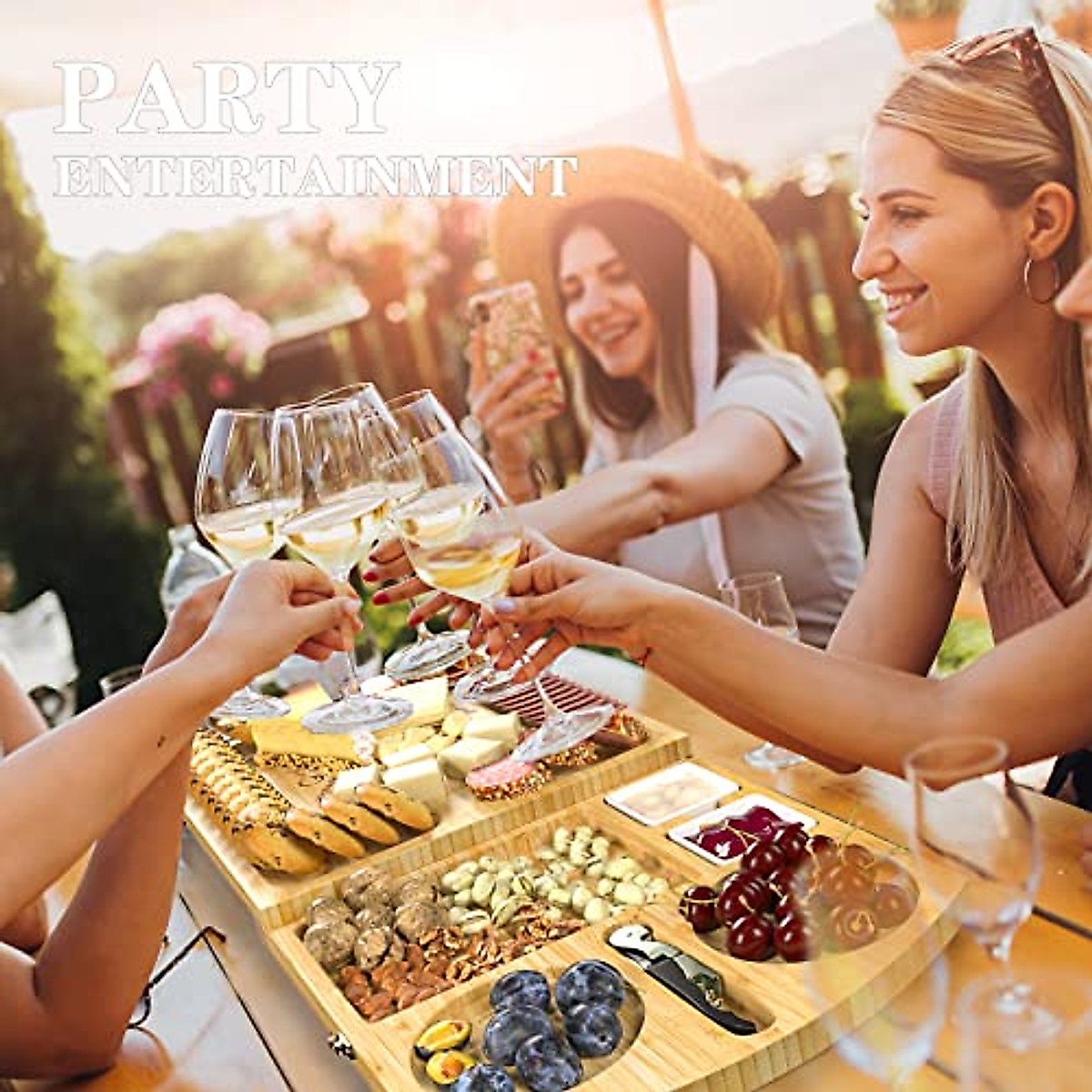 Cheese Board Charcuterie Board Set - Swiveling Wine Meat Cheese Platter Bamboo Cheese Server with Knives, Forks, Wine Opener, Ceramic Bowls for Gathering Party - Warming Gift for Women Friend