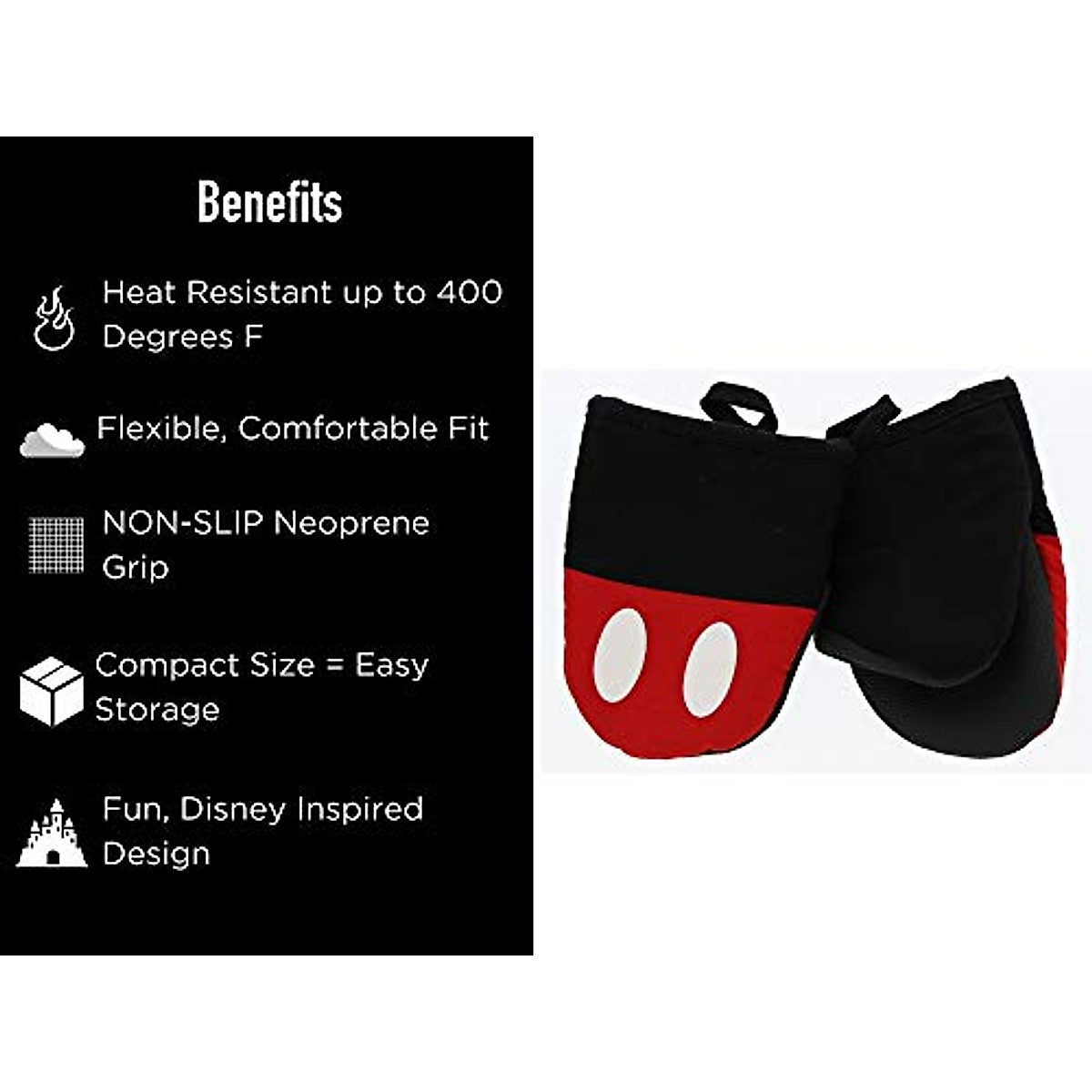 Disney Kitchen Cotton Mini Oven Mitts/Glove Set w/Neoprene Insulation for Easy Gripping While Cooking, Heat Resistant Kitchen Accessories, 5” x 6.5”, Classic Mickey, 2pk