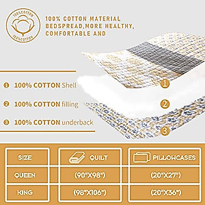Finlonte Quilt King Size, 100% Cotton Lightweight King Quilt, Real-Patchwork Farmhouse Floral Bedspreads for King Bed, Yellow Grey White Reversible King Size Quilt All Season, Bedding Set 3 Pieces