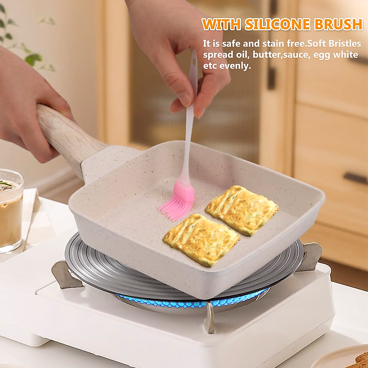 Tamagoyaki Pan,Japanese Omelette Pan With Silicone Brush,Nonstick Tamagoyaki Pan,Rectangle Eg-g Roll Pan With Detachable An-ti Scalding Handle For All Stove,7“x 5.9”(beige，pink)