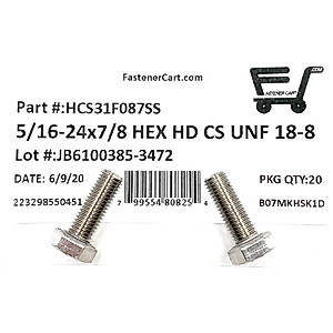 5/16-24x7/8 Stainless Steel Hex Cap Screws FT Hex Bolts 18-8 (UNF) FINE Thread (20 Pieces)