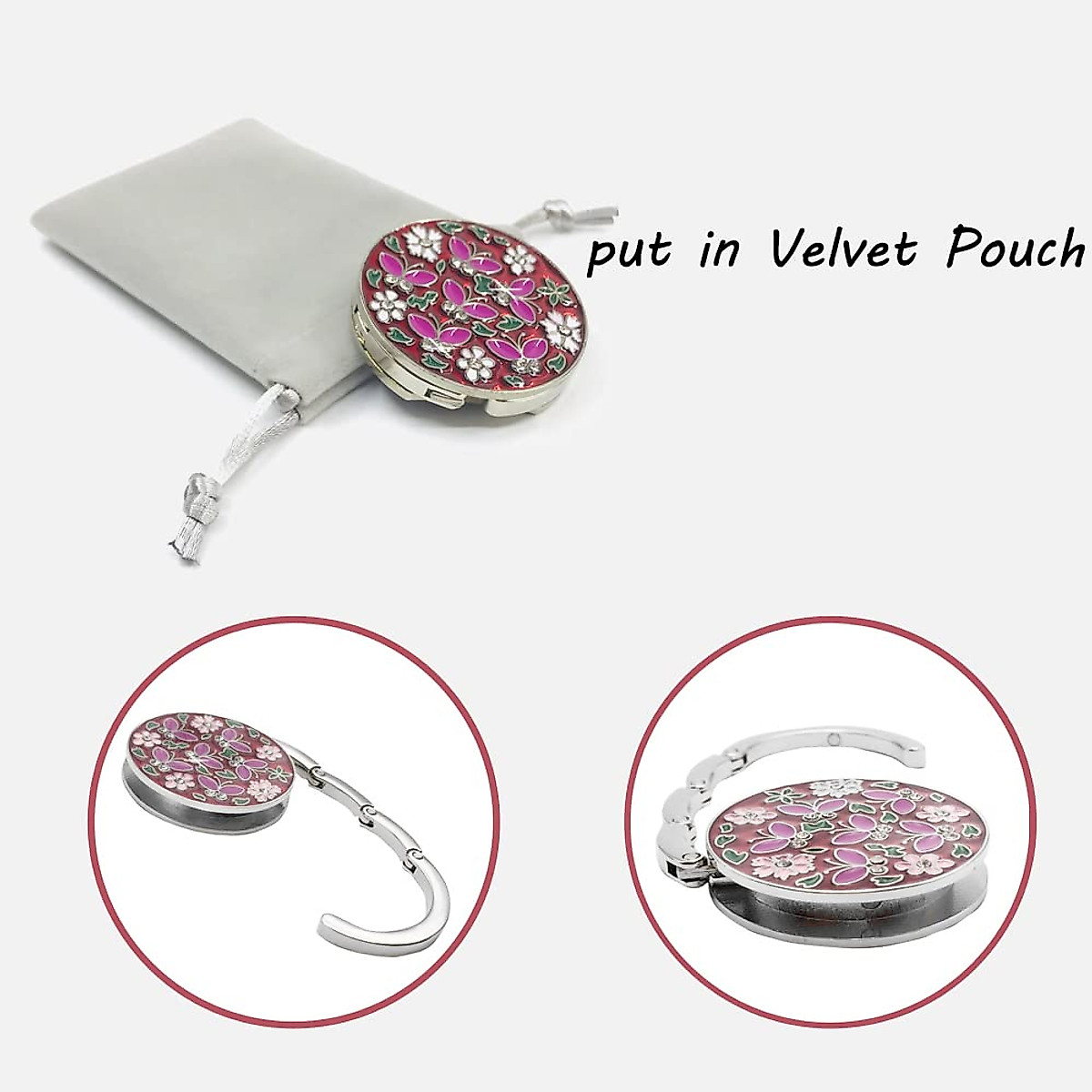 KEBOOT Purse Hook for Table, Bling Rhinestone Purse Holder for Table Desk, Handbag Storage Folding Decor Table Hook, Women's Bag Handbag Hanger Holder 3pcs Flowers and Butterflies