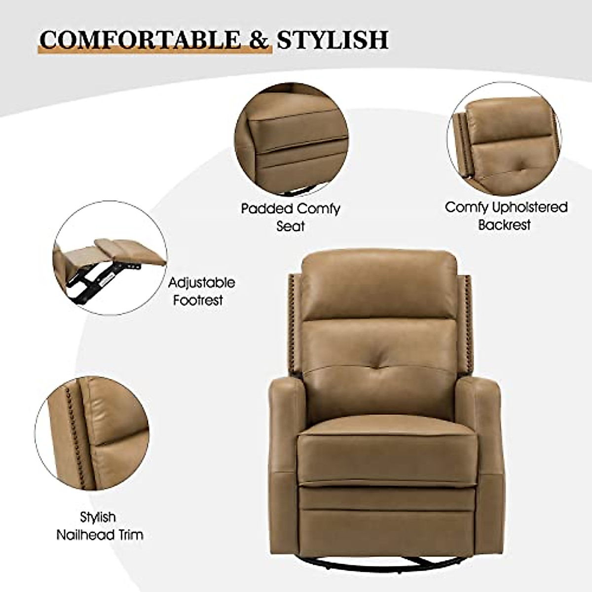 HULALA HOME Genuine Leather Swivel Rocker Recliners Set of 2 with Adjustable Backrest & Footrest, Manual Glider Recliners with 360° Swivel Base, Home Theater Sofa Chairs for Living Room, Taupe