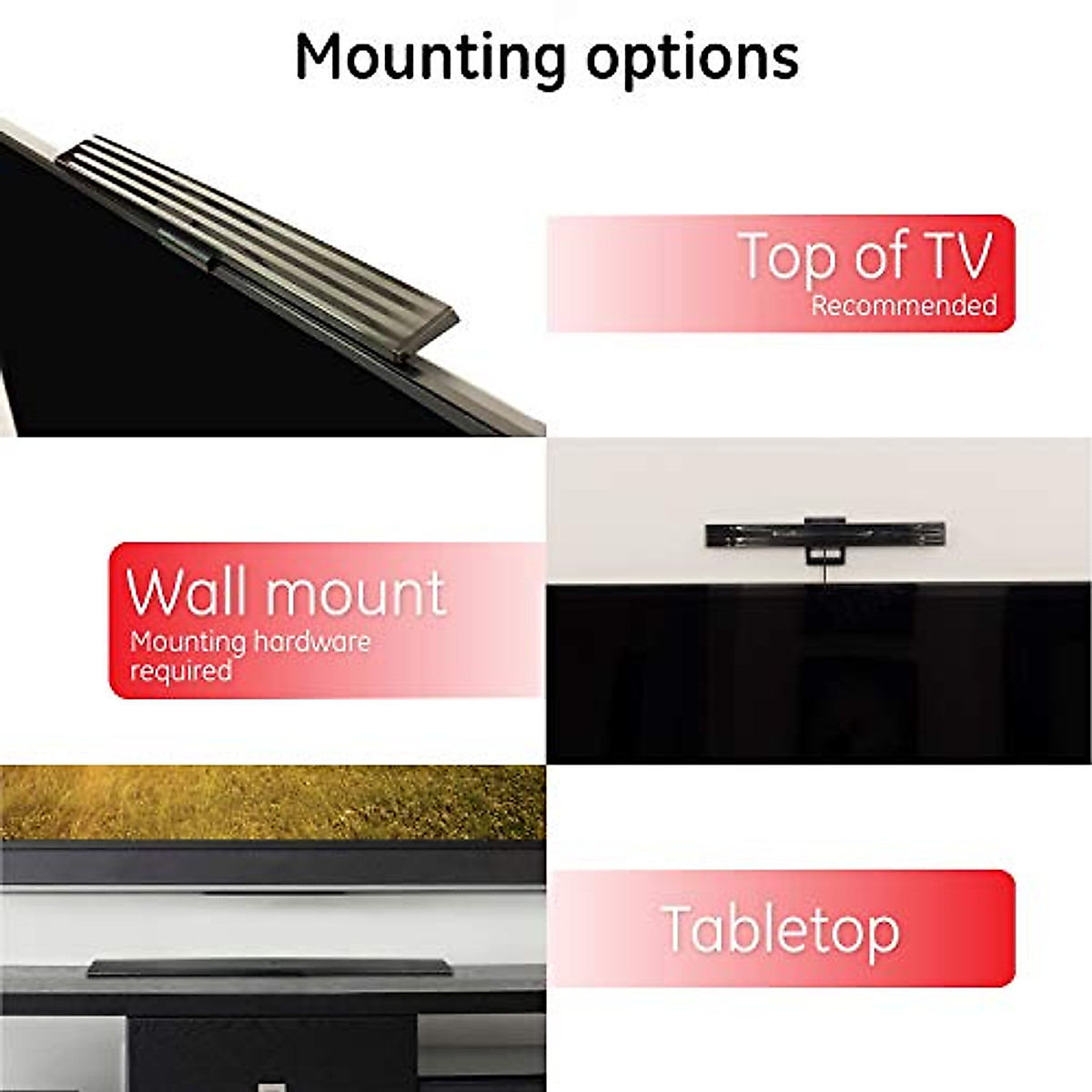 GE Amplified HD Digital TV Antenna, Long Range Smart TV Antenna, Easy Mount on Top of TV Design, Supports 4K 1080P HDTV VHF UHF, Indoor Amplified Signal Booster, 5ft Coax HDTV Cable/AC Adapter, 37075