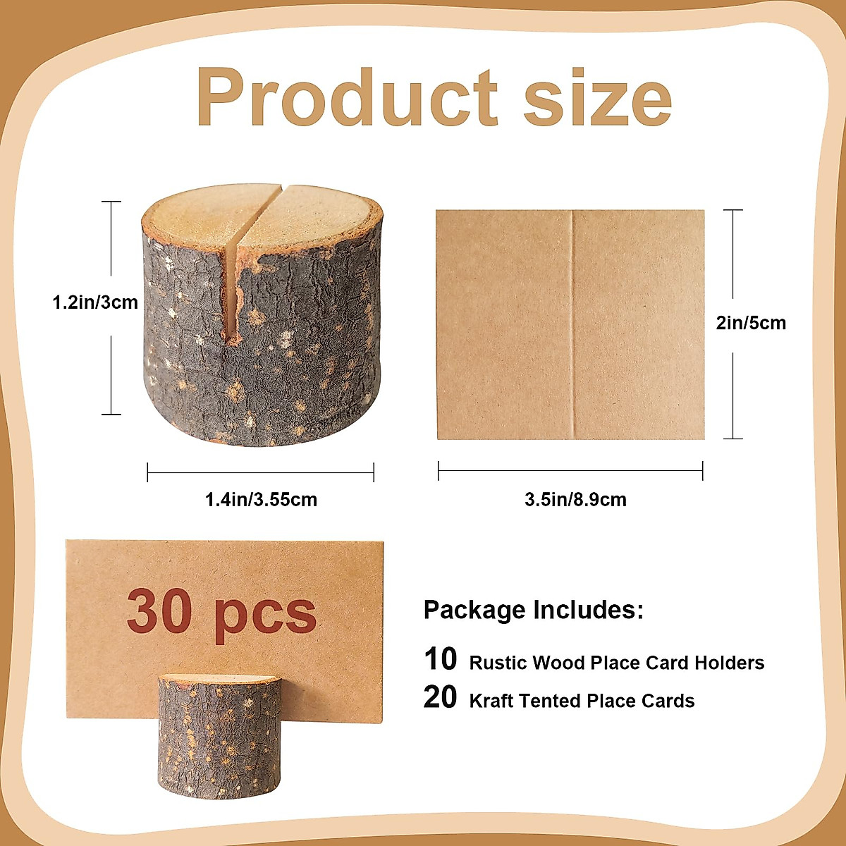 10 Pieces Rustic Wood Place Card Holders with 20 Kraft Tented Place Cards, Natural Log Table Number Stands Food Labels Dinner Decor for Weddings, Birthday, Thanksgiving Day, Christmas Party Supplies