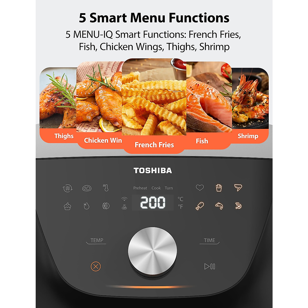 Toshiba 7.7QT Air Fryer, Family-Size for Quick and Easy Meals, 12 Preset Menus and Menu-IQ Function, 1°F Precision, 90% less fat, Double-sided Handles Easy Carrying