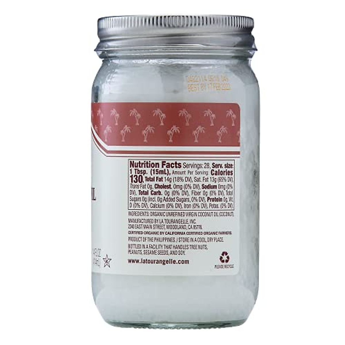 La Tourangelle, Organic Virgin Unrefined Coconut Oil, Great for Cooking, Baking, Hair, and Skin Care, Bold, Aromatic, and Flavorful, Source of MCTs, 14 fl oz (Packaging May Vary)