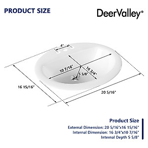 Bathroom Vessel Sink, DeerValley, 20”x17” Oval Ceramic Drop-in Sink for Bathroom White Vessel Sink Modern Art Basin Bathroom Sink with Overflow and Three Faucet Holes at 1.25”, DV-1DS0120