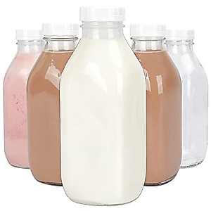 Moretoes 5pcs 32oz Glass Milk Bottles with Lids Glass Juice Bottles Reusable Clear Containers for Milk Juice Milkshake Honey Jam