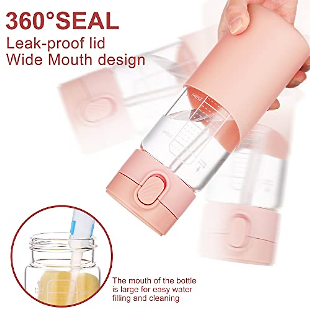 Glass Water Bottle with Straw,Handle Lid and Measurement Scale Silicone Sleeve , Portable Transparent Leak Proof Handy Cup Container for Sport Outdoors Vacation Travel Office ,450ML/15oz (Pink)