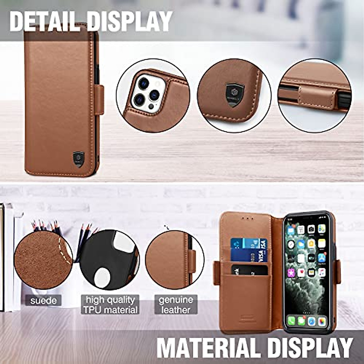 WenBelle Case for iPhone 12 5G/for iPhone 12 Pro 5G (6.1 inch),2-in-1 Magnetic Detachable,TPU Shockproof,Genuine Leather Case Wallet,RFID Blocking Protection,Viewing Stand Flip Cases (Brown 01)