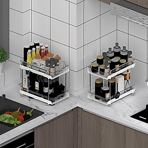 Alwytlon 2 Sets of 2-Tier Under Sink Organizer and Storage, Sliding Bathroom Cabinet Organizer with Hooks, Multi-purpose Pull Out Storage Shelf for Bathroom Kitchen, transparent & White