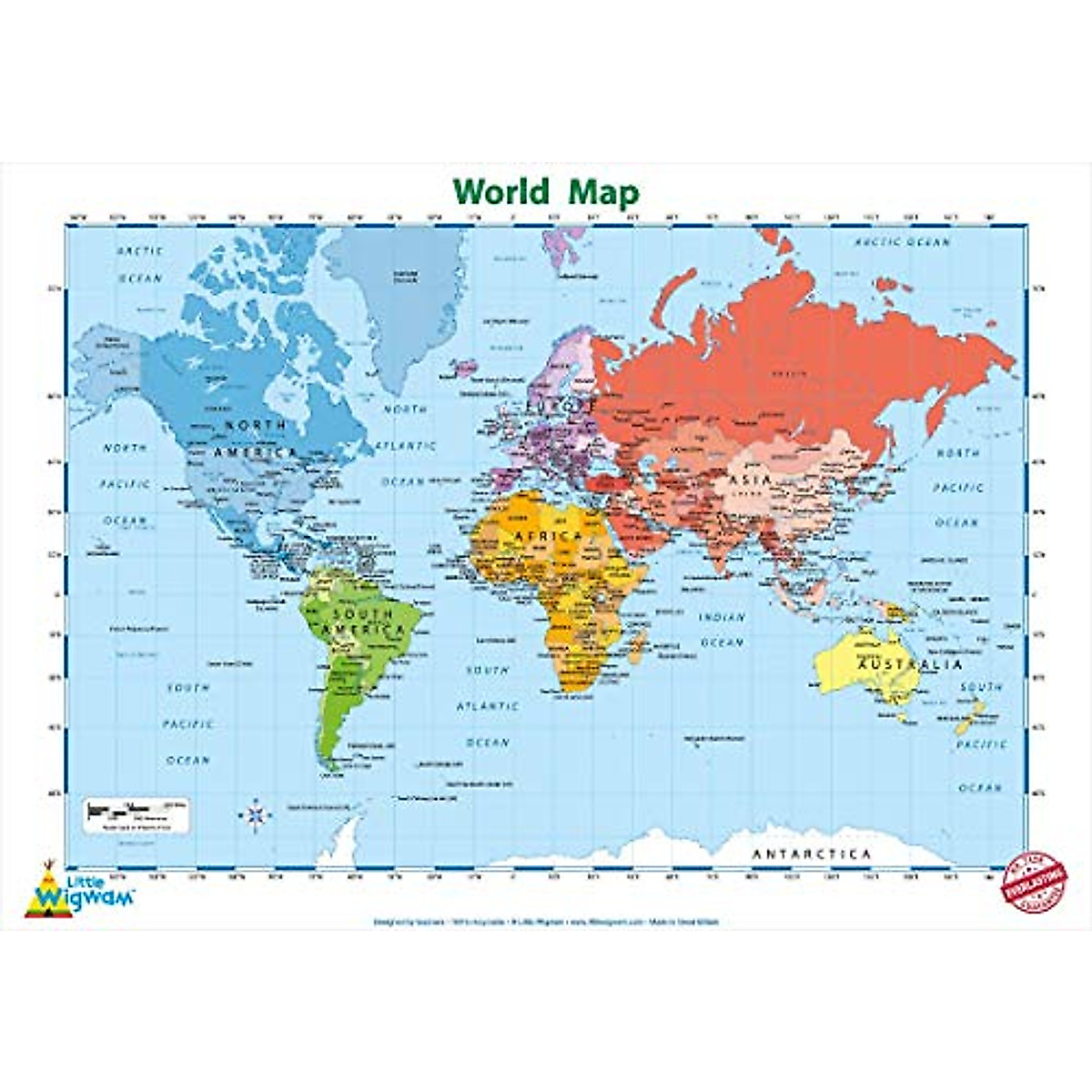Little Wigwam World Map Chart - Tear-Resistant Educational Poster (24 x 17 inches)