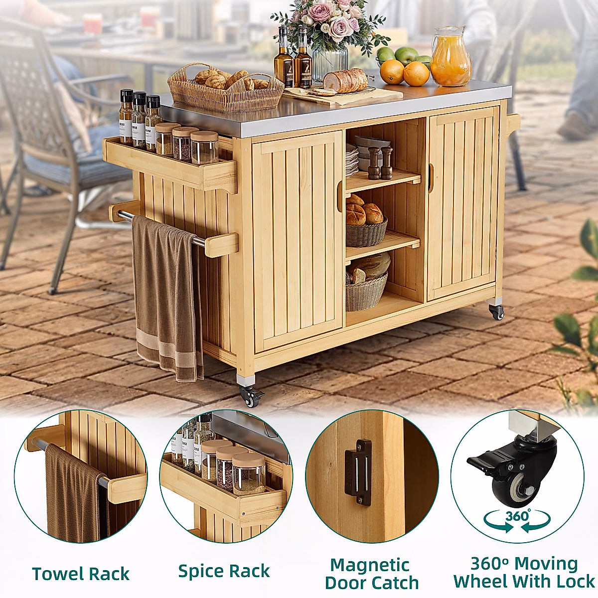 YITAHOME XL Solid Wood Outdoor Table and Storage Cabinet, 59.64’’L x 23.62’’W Movable Grill Table with Stainless Steel Top, Side Handle, Spice Rack for Outside, Patio Bar, Outdoor Kitchen Island