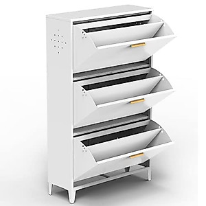 Wekity 3 Drawer All Steel Shoe Cabinet, Freestanding Shoe Rack Storage Organizer with Flip Door, Modern Tipping Bucket Shoe Cabinet for Entryway, Hallway, Bedroom (White)