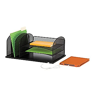 Safco Products 3231BL Onyx Desktop Organizer with USB Charging Port; 3 Section File Sorter; 3 Paper Trays; Durable Steel Construction; Black